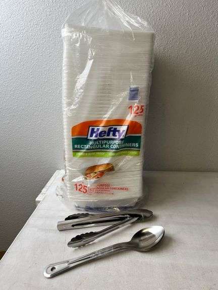 Hefty Rectangular Containers, Metal Serving Spoons and Tongs Bundle ...