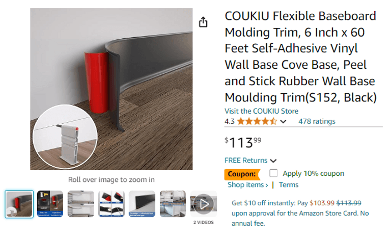 COUKIU Flexible Baseboard Molding Trim, 6 Inch x 60 Feet Self-Adhesive ...