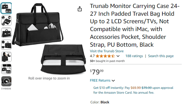 Trunab Monitor Carrying Case 24-27 Inch Padded Travel Bag, Open Box ...