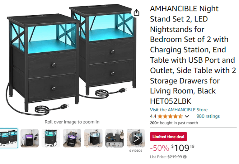 AMHANCIBLE Night Stand Set 2, LED, USB Ports and Outlets, Open Box - Rio Grande Trade