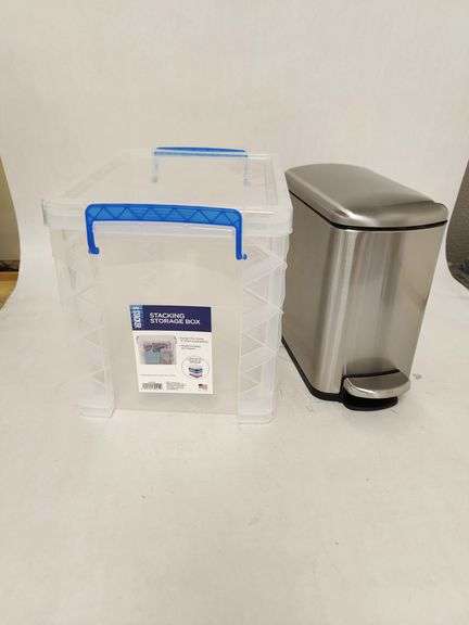 Stacking Storage Bin w/ Lid + Small Aluminum Trash Can Bundle, Like New ...