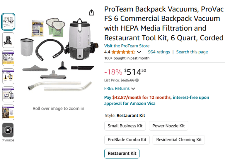 ProTeam Backpack Vacuums, ProVac FS 6 Commercial Backpack Vacuum | Open ...