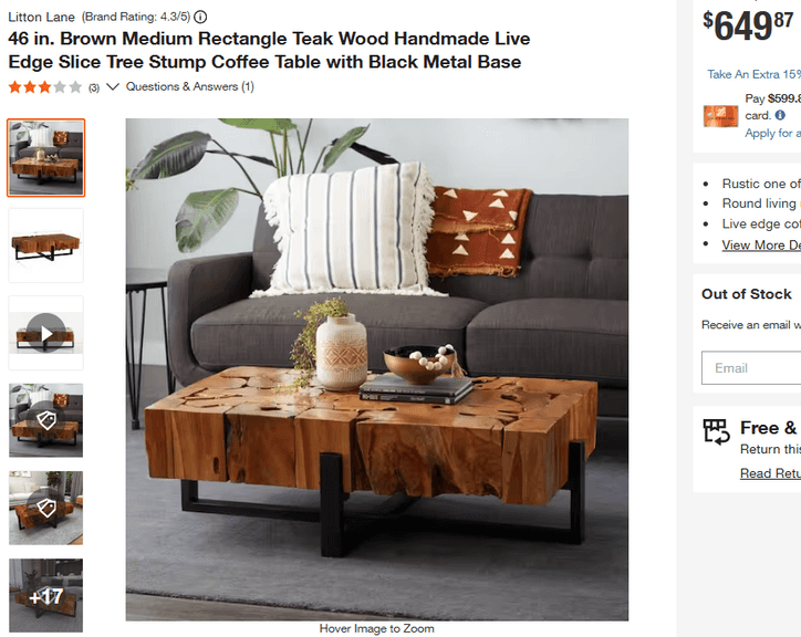 Litton Lane Teak Wood Tree Stump Coffee Table, 46" | Open Box | (See ...