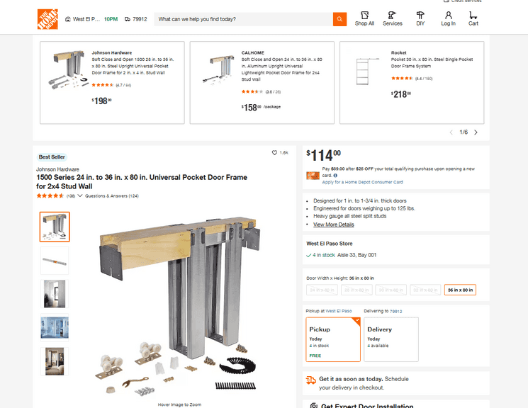 Johnson Hardware 1500 Series 24" to 36" x 80" Universal Pocket Door ...