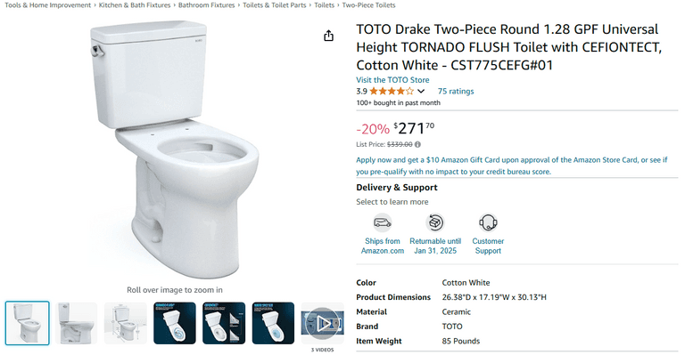 TOTO Drake TANK ONLY Round 1.28 GPF Universal Height TORNADO FLUSH ...