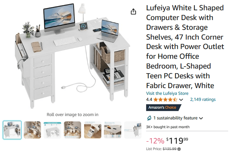 Lufeiya White L Shaped Computer Desk with Drawers & Storage Shelves, 47 ...