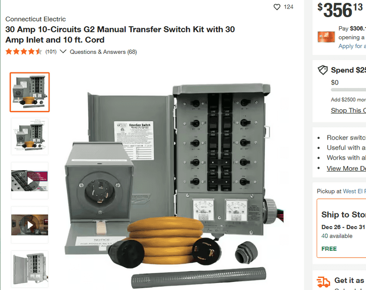 Connecticut Electric 30 Amp 10-Circuits G2 Manual Transfer Switch Kit ...