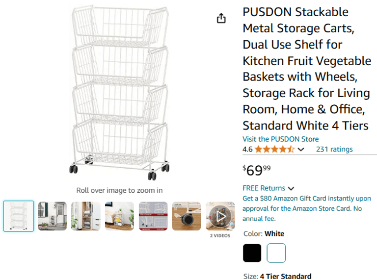PUSDON Stackable Metal Storage Carts, 4 Tiers | Like New - Rio Grande Trade