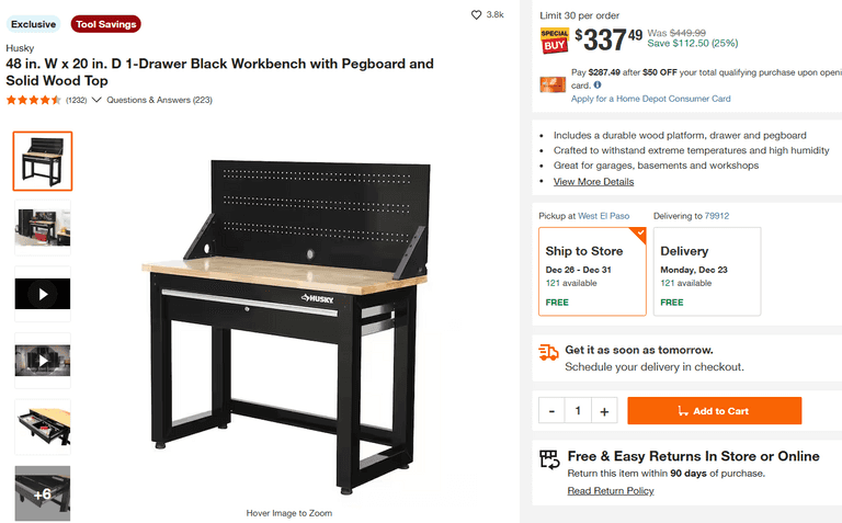 Husky 48 in. x 20 in. 1-Drawer Black Workbench w/Pegboard & Solid Wood ...
