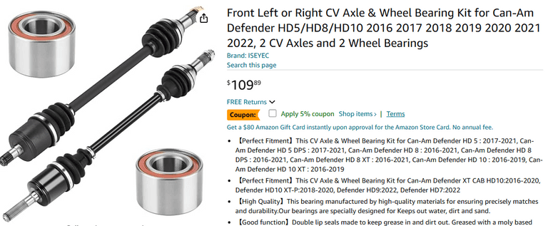 Front Left or Right CV Axle & Wheel Bearing Kit for Can-Am Defender HD5 ...