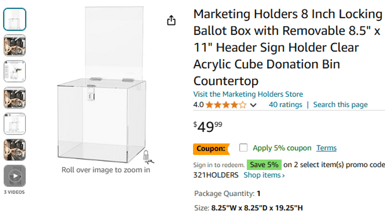 Marketing Holders 8 Inch Locking Ballot Box with Removable 8.5" x 11 ...