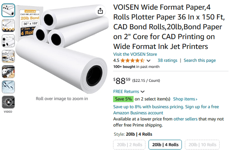 VOISEN Wide Format Paper,4 Rolls Plotter Paper 36 In x 150 Ft | Like ...
