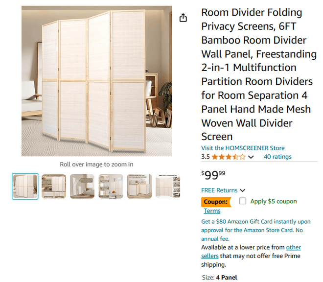 Room Divider Folding Privacy Screens, 6FT, 4 Panels | Open Box - Rio ...