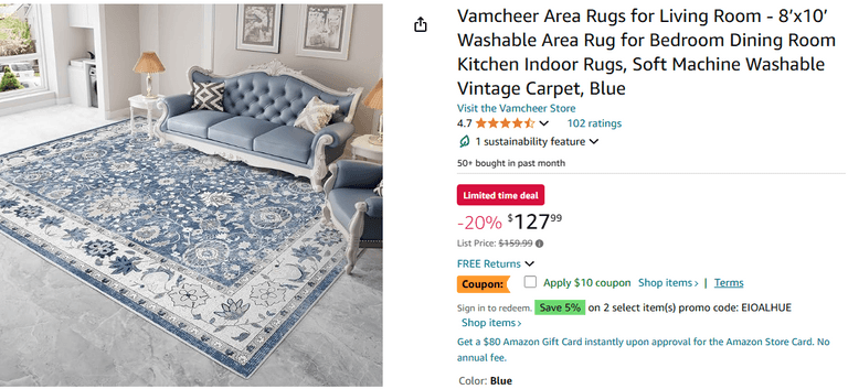 Vamcheer Washable Area Rug, 8’x10’ | Open Box | (See Condition Notes ...