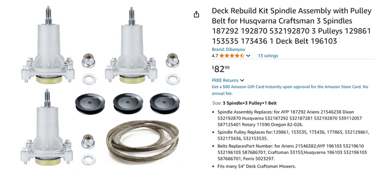 Deck Rebuild Kit Spindle Assembly with Pulley Belt for Husqvarna ...