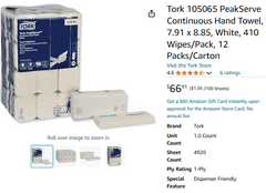 Tork 105065 PeakServe Continuous Hand Towel, 7.91 x 8.85, White, 410 ...