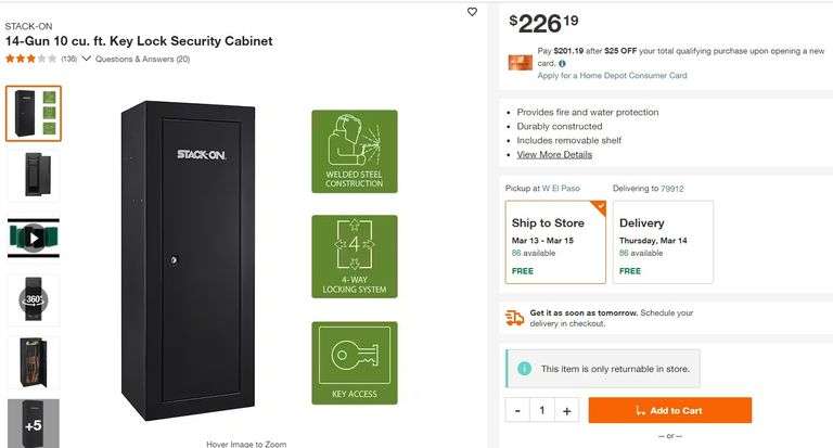 STACK-ON 14 Gun 10 cu. ft. Key Lock Security Cabinet, Contains Defect ...