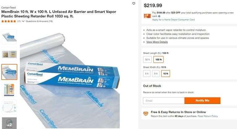 CertainTeed MemBrain 10'x 100' Air Barrier & Smart Vapor Plastic ...