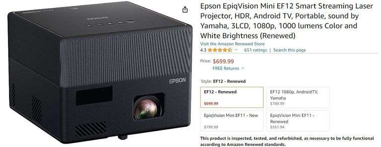 Epson EpiqVision Mini EF12 Smart Streaming Laser Projector, Employee ...