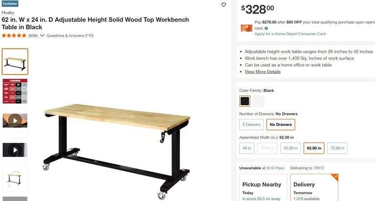 Husky 62" x 24" Adjustable Height Solid Wood Top Workbench, New/Sealed ...