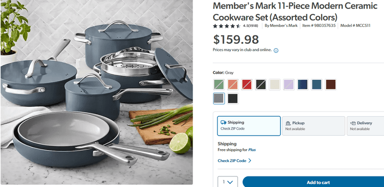 Member's Mark Modern Ceramic Cookware Set, 11pc , Like New/Open Box ...