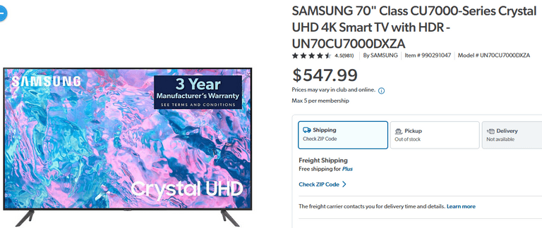 Samsung 70" CU7000-Series 4K Smart TV, No Box , Visually Good Condition ...