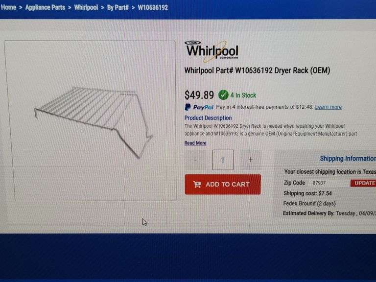 Whirlpool Dryer Rack , Visually Good Condition - Rio Grande Trade