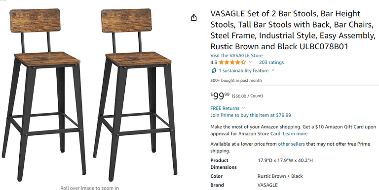 VASAGLE Bar Stool Set , Like New/Open Box - Rio Grande Trade