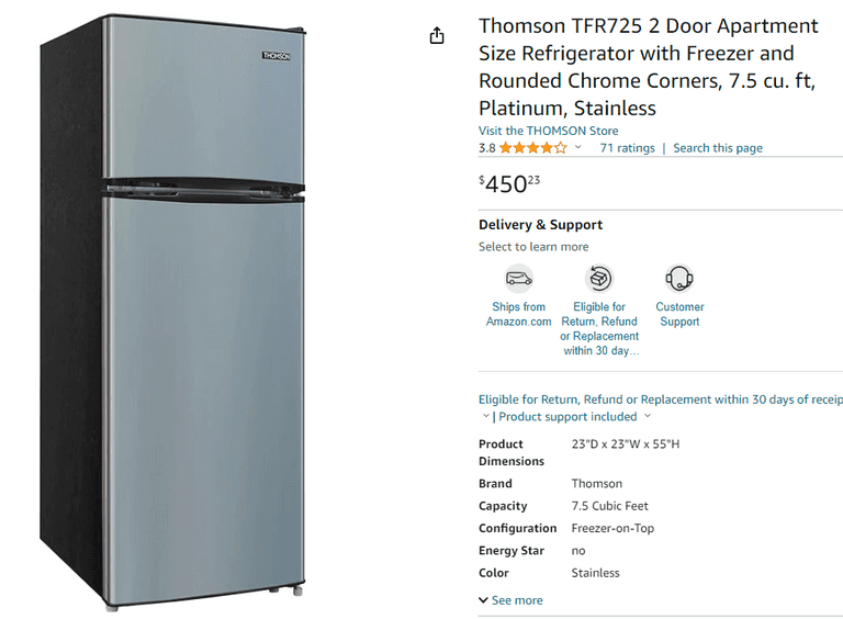 Thomson 7.5 cu.ft. Top-Freezer Refrigerator, TFR725 , Employee Tested ...