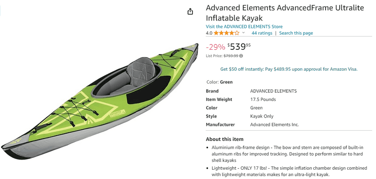 Advanced Elements AdvancedFrame Ultralite Inflatable Kayak , Like New ...