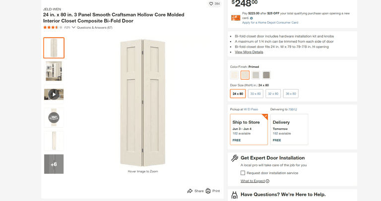 JELD-WEN 3 Panel Closet Composite Bi-Fold Door, 24"x80" , Visually Good ...