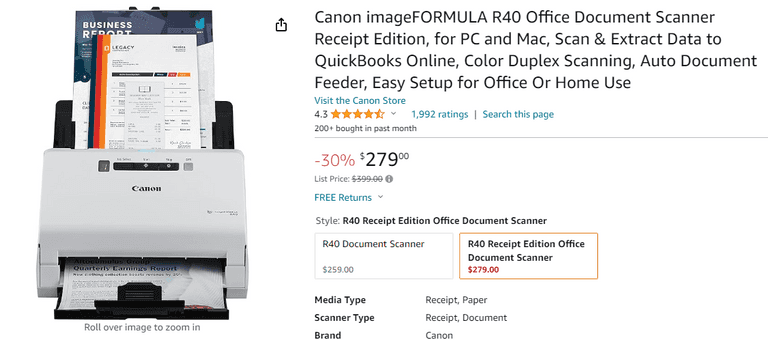 Canon ImageFormula R40 Receipt Edition Office Scanner , Turns On - Rio ...