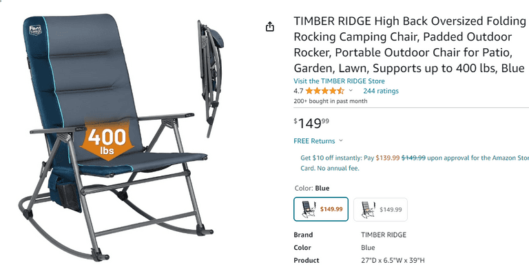 TIMBER RIDGE High Back Folding Rocking Camping Chair , Like New/Open ...
