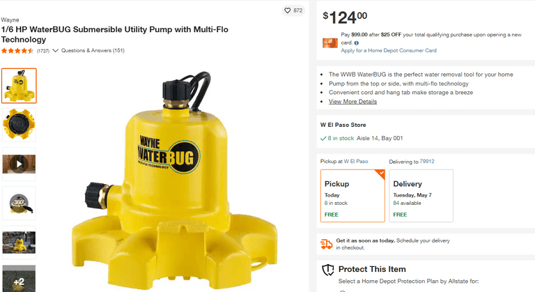 Wayne 1/6 HP WaterBUG Submersible Utility Pump with Multi-Flo ...