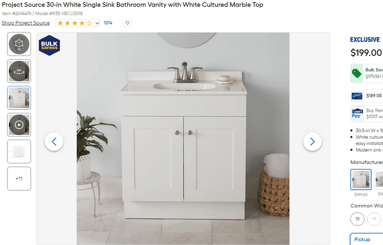 Project Source White Single Sink Bathroom Vanity, 30" , Visually Good ...