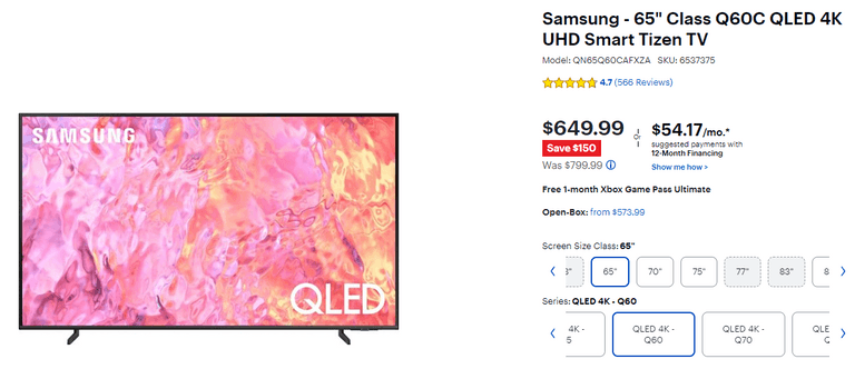 Samsung 65" Q60 Series QLED 4K Smart TV, QN65Q60CDF, No Box , Employee ...