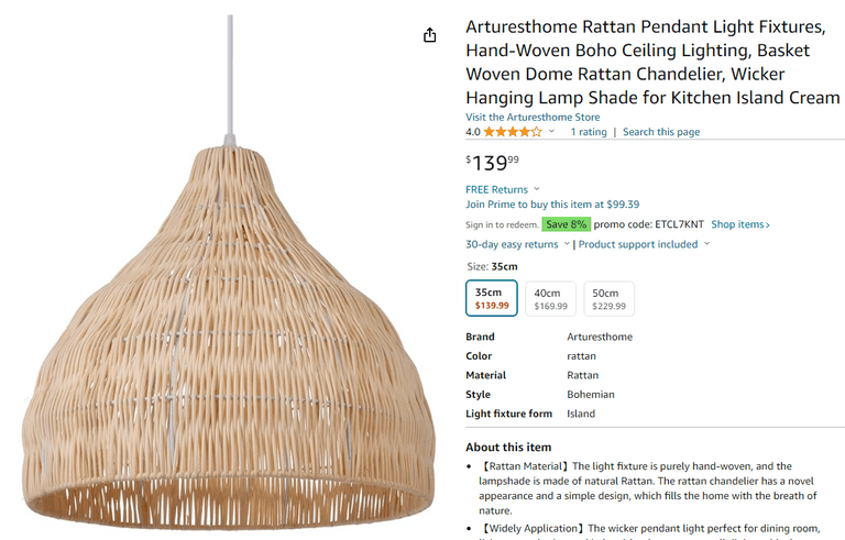 Arturesthome Rattan Pendant Light Fixture , New/Sealed - Rio Grande Trade