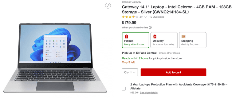 Gateway 14.1" Laptop Intel Celeron CPU 4/128GB , GWNC214H34-SL , Like ...