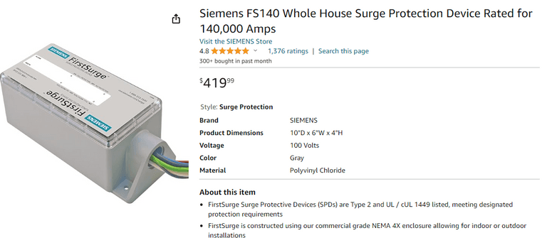 Siemens FS140 Whole House Surge Protection Device, 140,000 Amps ...