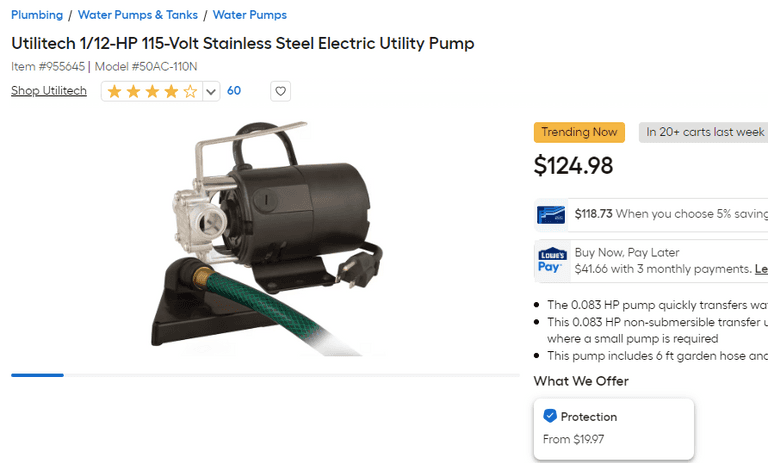 Utilitech 1/12-HP 115-Volt Stainless Steel Electric Utility Pump , Like ...