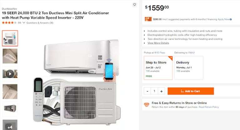 DuctlessAire 24,000 BTU Ductless Mini Split Air Conditioner, KA2419CS ...