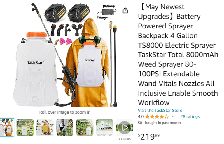 TaskStar Battery Powered Sprayer Backpack 4 Gallon , Visually Used ...