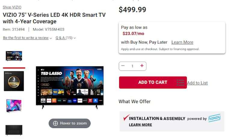 VIZIO 75" Class V-Series 4K LED HDR Smart TV, V755M-K , Like New/Open ...