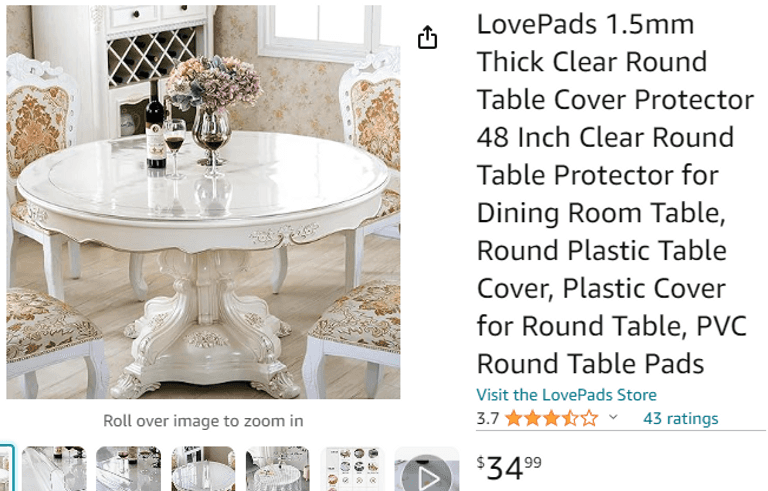 LovePads 1.5mm Thick Clear Round Table Cover Protector, 48" , Visually ...