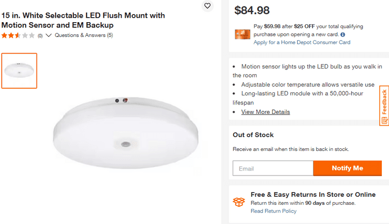 LEDVANCE LED Puff Ceiling Battery Backup Motion Sensor, 15" , New ...