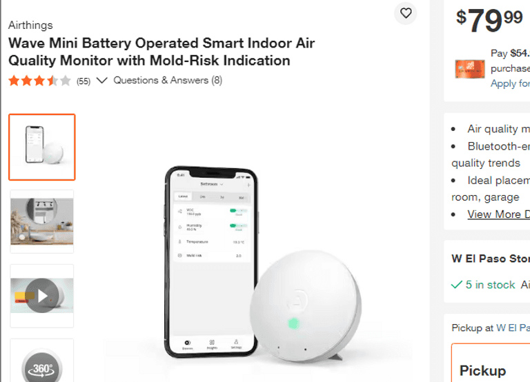 Airthings Wave Mini Battery Operated Smart Indoor Air Quality Monitor ...