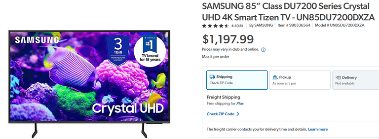 SAMSUNG 85” DU7200 Series Crystal UHD 4K Smart TV, UN85DU7200DXZA ...