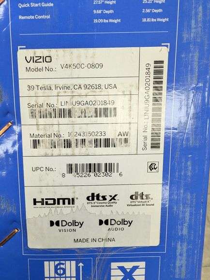 VIZIO 50" 4K LED HDR Smart TV, V4K50C-0809 , Visually Good Condition - Rio Grande Trade