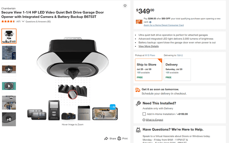 Chamberlain Secure View 1-1/4 HP LED Video Quiet Belt Drive Garage Door ...