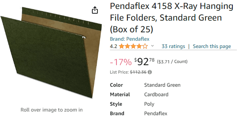 Pendaflex X-Ray Hanging File Folders, Standard Green (Box of 25) , Visually Good Condition - Rio ...